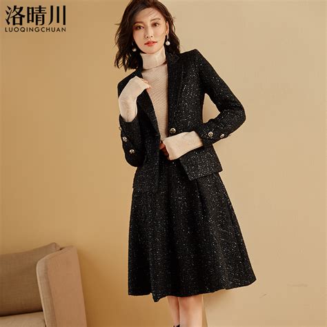 小香风套装名媛2024春秋黑色气质显瘦毛呢外套半身裙收腰两件套女 虎窝淘