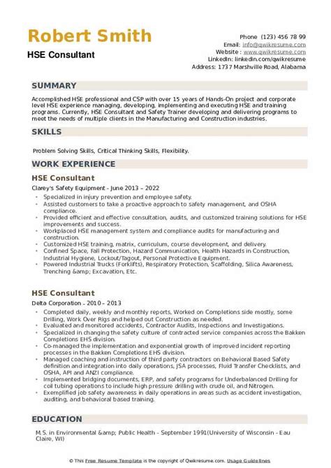 HSE Consultant Resume Samples QwikResume
