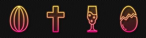 세트 라인 와인 유리 부활절 달걀 기독교 십자가와 깨진 계란 빛나는 네온 아이콘입니다 벡터 공휴일에 대한 스톡 벡터 아트 및