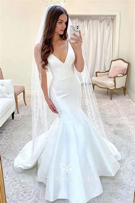 Simple Modern Satin Deep V Neck Trumpet Wedding Dress VQ