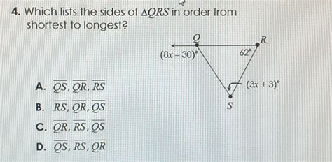 solved which lists the sides of qrs in order from shortest to longest
