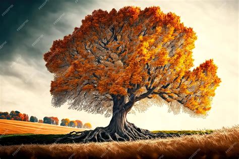 Premium Ai Image Fluffy Sprawling Tree In Field During Autumn Leaf