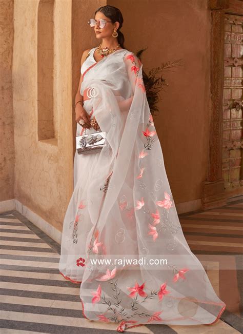 Designer Pure White Floral Party Wear Saree