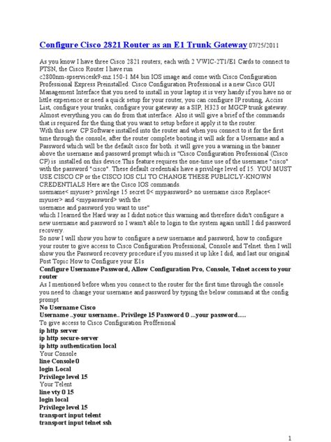 Configure Cisco 2821 Router As An E1 Trunk Gateway 07 Pdf Data Transmission Communications