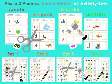 Phase 2 Phonics X4 Sets Matching Cutstick Teaching Resources
