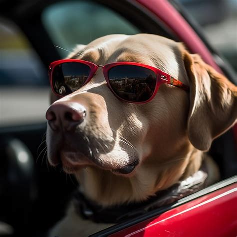 Um Cachorro De óculos Escuros E Coleira Vermelha Está Dirigindo Um