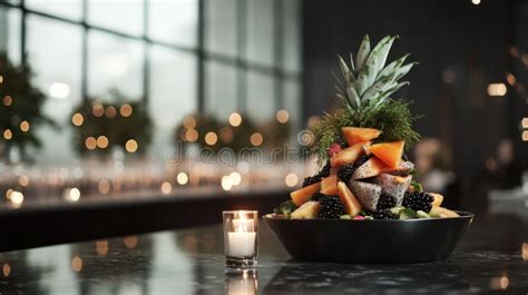 Elegant Fruit Platter On Dark Table Near Candlelit Setting With Pineapple And Berries Stock