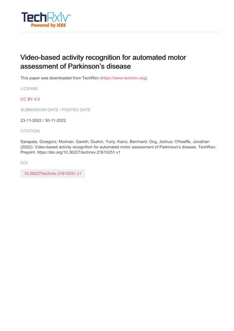 Pdf Video Based Activity Recognition For Automated Motor Assessment Of Parkinsons Disease