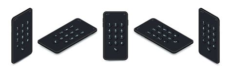 스마트폰의 다이얼 화면 검은색 전화기 아이소메트릭 세트 숫자와 문자 템플릿이 있는 현실적인 모바일 화면 키패드 벡터 터치스크린 장치 키패드 검정 인터페이스 모형 전화 모형