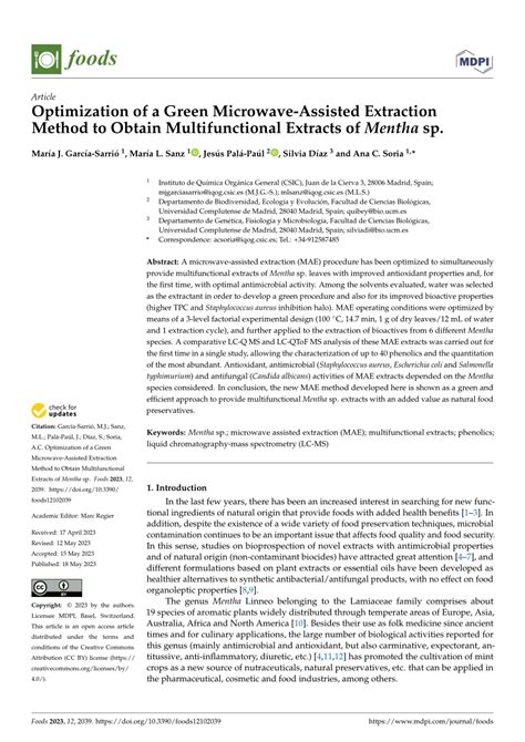 Pdf Optimization Of A Green Microwave Assisted Extraction Method To