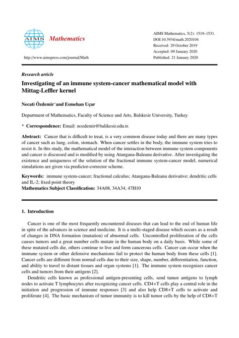 Pdf Investigating Of An Immune System Cancer Mathematical Model With