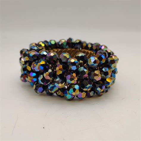 Faceted Carnival Glass Bead Cha Cha Style Wide Stretch Bracelet Vintage