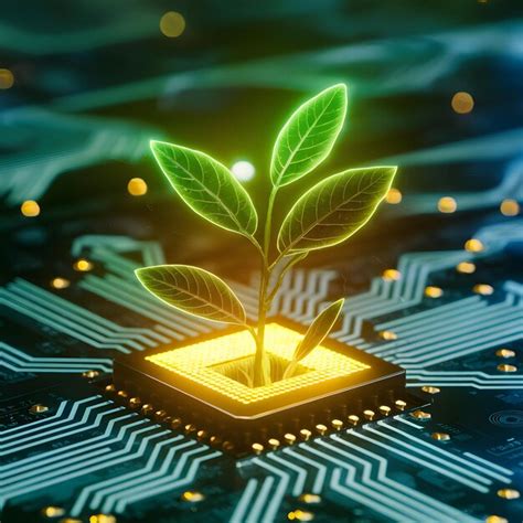 green glowing plant emerging from digital circuit board golden lights