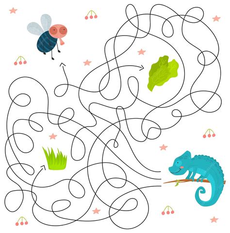 아이들을 위한 귀여운 미로 아이들을 위한 게임 아이들을 위한 퍼즐 행복한 캐릭터 미로 수수께끼 색상 벡터 Eps 10 그림 올바른 경로 찾기 만화 스타일 풀 상추 카멜레온