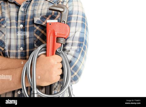 Man With Pipe Wrench And Flexible Hose Isolated On White Close Up View Stock Photo Alamy