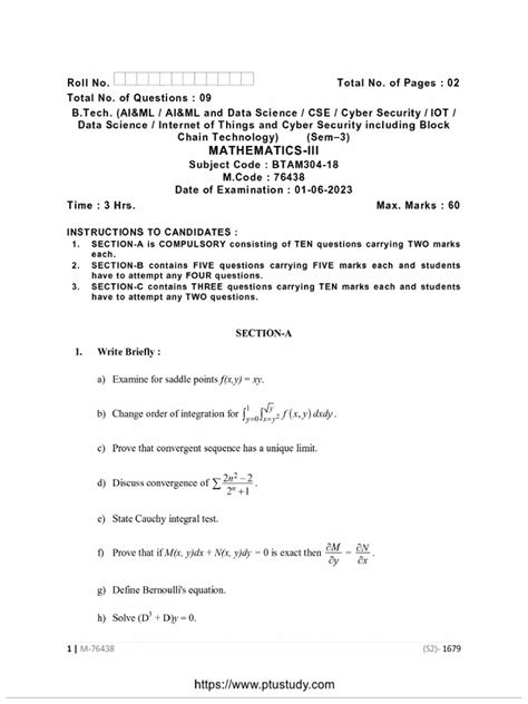 Btech Cse 3 Sem Mathematics 3 76438 Jun 2023 Pdf