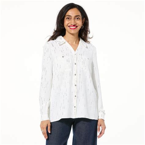 Nina Leonard Textured Wave Foil Print Button Down Top 23361788 Hsn