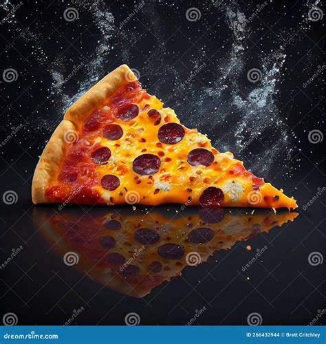 Perfect Cheesy Pizza Slice On Black Space Background Fast Food Stock