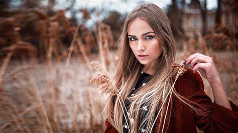 Wallpaper Face Fall Women Outdoors Model Blonde Long Hair Blue