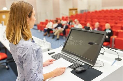 Speaker With Microphone On Panel At Business Event Stock Image Image