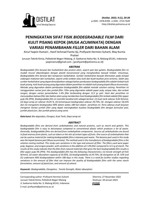PDF PENINGKATAN SIFAT FISIK BIODEGRADABLE FILM DARI KULIT PISANG