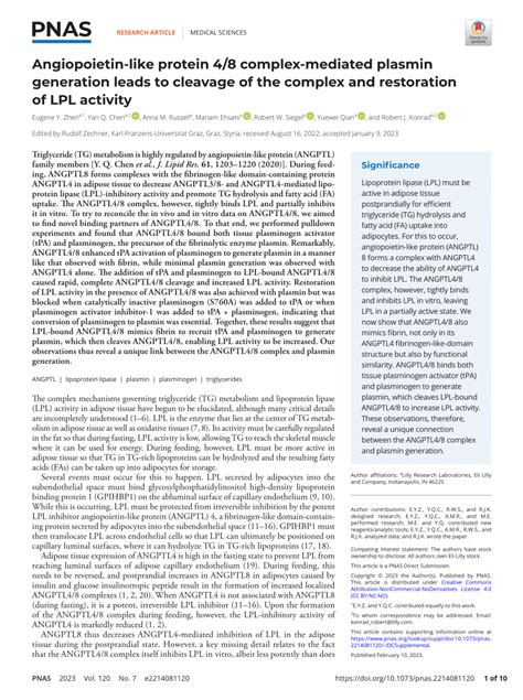 Pdf Angiopoietin Like Protein 4 8 Complex Mediated Plasmin Generation