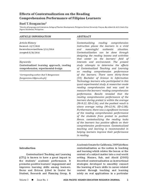 effects of contextualization on the reading comprehension performance