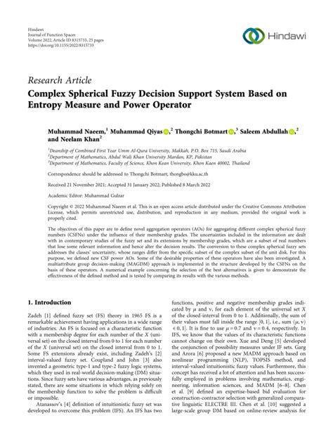 PDF Complex Spherical Fuzzy Decision Support System Based On Entropy