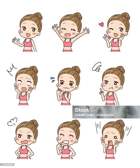 插圖女性面部表情變化集上身向量圖形及更多女人圖片 女人 眨眼 臉部表情 上半身像 Istock