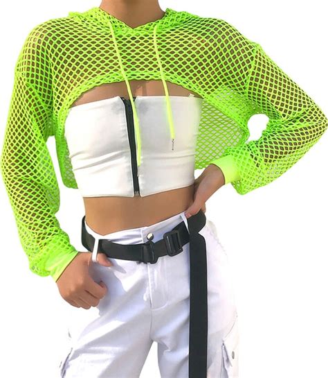 Charmlinda Womens Sexy Mesh Fishnet Crop Top Long Sleeve Open Front