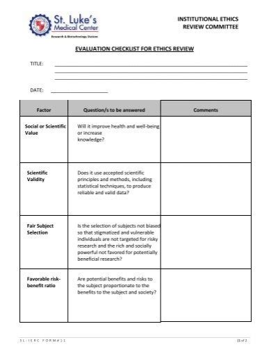 Evaluation Checklist For Ethics Review Institutional