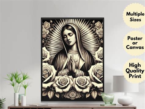 Virgin Mary Canvas Print Religious Wall Art Black And White Gothic