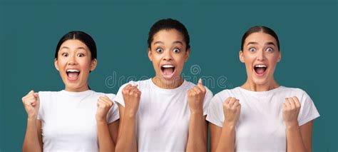 Three Excited Girls Shouting Shaking Fists Over Turquoise Background