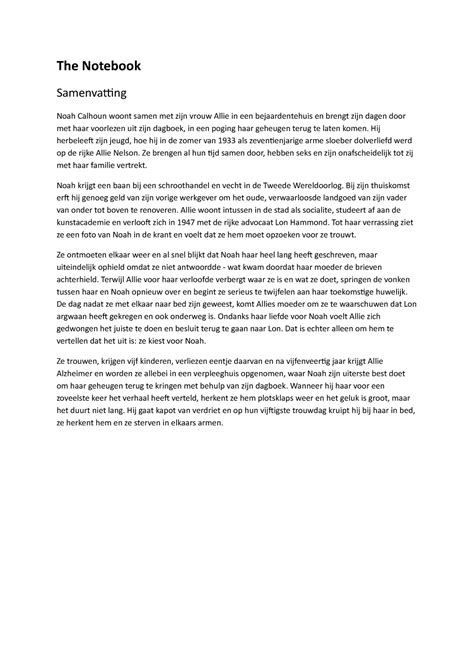 The Notebook Samenvatting Hij Herbeleeft Zijn Jeugd Hoe Hij In De Zomer Van 1933 Als