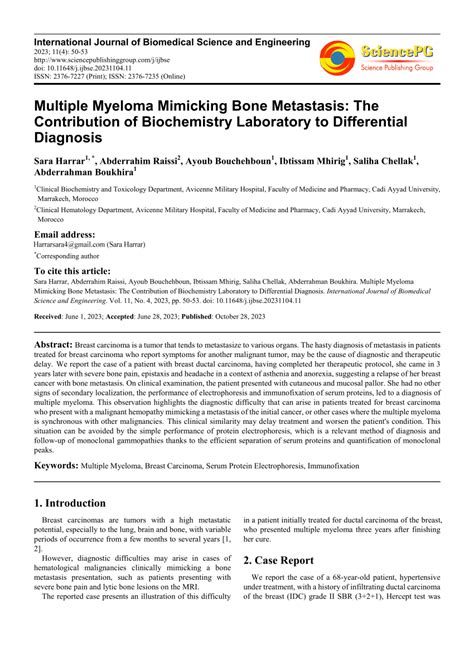 Pdf Multiple Myeloma Mimicking Bone Metastasis The Contribution Of Biochemistry Laboratory To