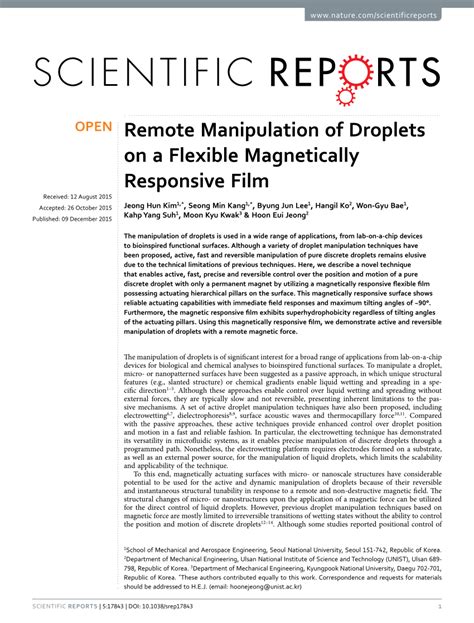 Pdf Remote Manipulation Of Droplets On A Flexible Magnetically Responsive Film