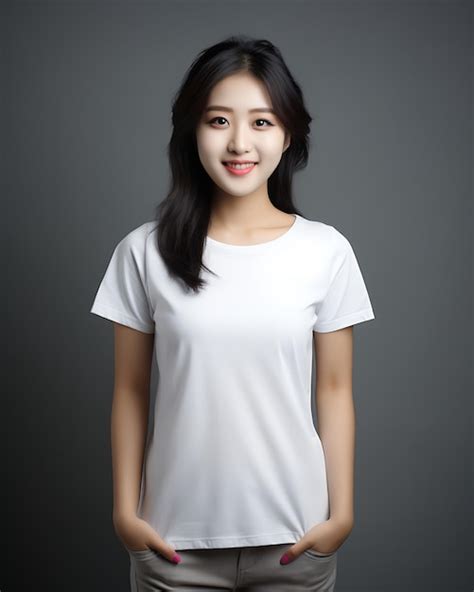 Premium Photo Portrait Of Asian Woman In White T Shirt On Grey Background