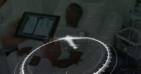 Image Of Scope Scanning With Data Processing And Globe Over Diverse Doctor And Patient Stock