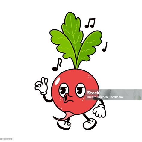 귀여운 재미있는 무 걷기 노래 캐릭터 벡터 손으로 그린 전통 만화 빈티지 복고풍 카와이 캐릭터 일러스트 레이 션 아이콘 흰색 배경에 고립되어 있습니다 무우 산책과 노래