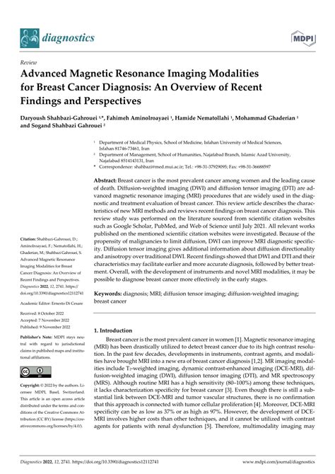 Pdf Advanced Magnetic Resonance Imaging Modalities For Breast Cancer Diagnosis An Overview Of