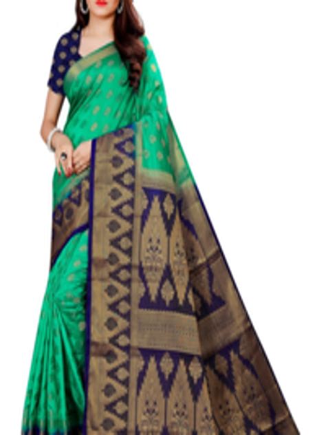 Buy Moksha Designs Green And Navy Blue Woven Design Zari Pure Silk