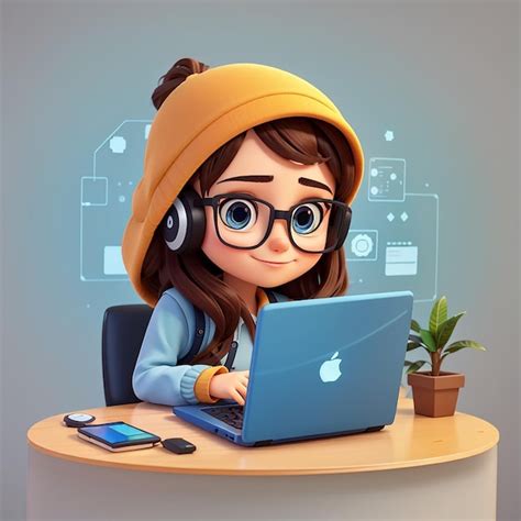 Premium Photo Cute Girl Hacker Operating Laptop Cartoon Vector Icon