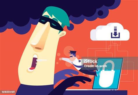 Security Guard Jumping Out From Laptop And Punching Hacker Stock