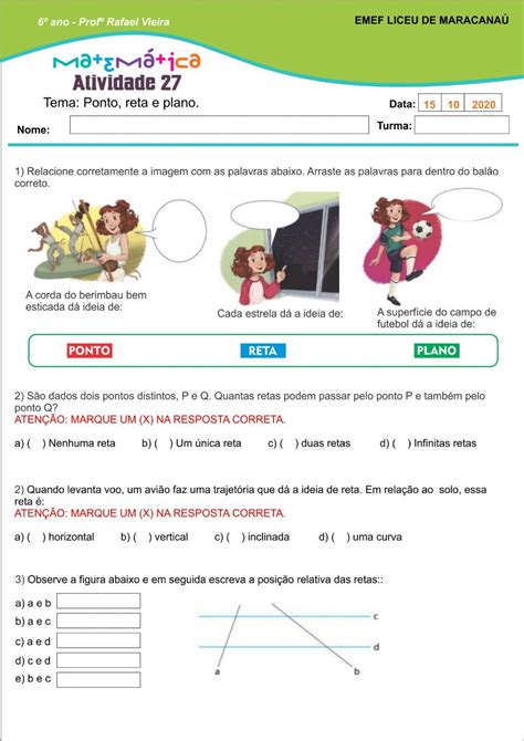 Ponto reta e plano 6º ano Atividade 27 worksheet