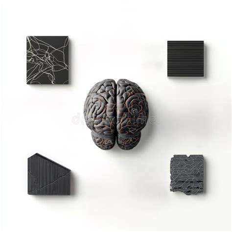 A Creative Composition Featuring A Black Brain Model Surrounded By Various Geometric Shapes And
