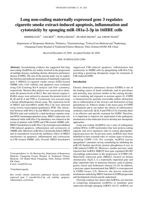 Pdf Long Non‑coding Maternally Expressed Gene 3 Regulates Cigarette Smoke Extract‑induced