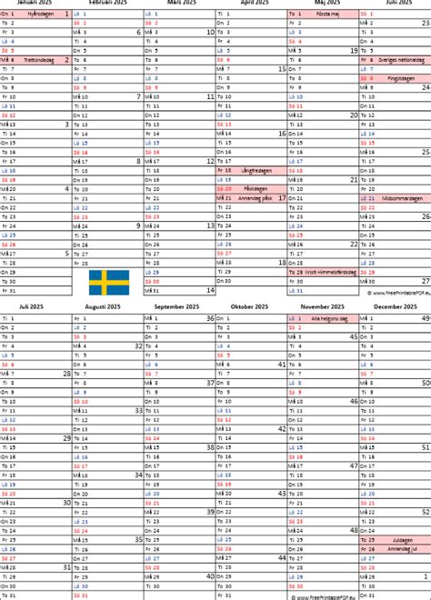 Årsplan 2025 med helgdagar och veckonummer Gratis utskrivbara PDF