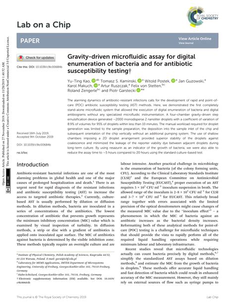 Pdf Gravity Driven Microfluidic Assay For Digital Enumeration Of Bacteria And For Antibiotic