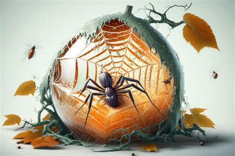A Black Spider Has Spun A Web On A Pumpkin An Example For A Halloween