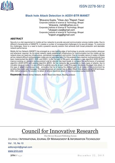 Pdf Black Hole Attack Detection In Aodv Btr Manet